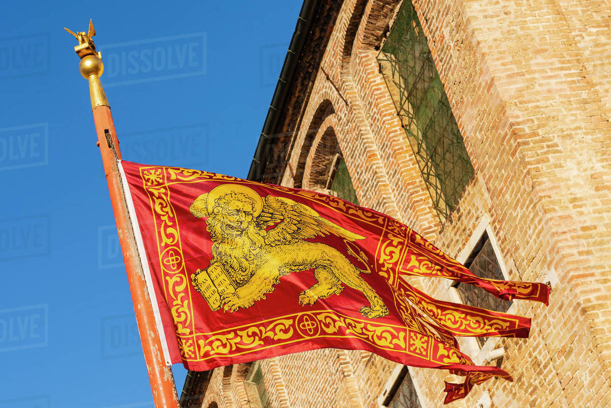 Flag of the Republic of Venice with the winged lion of St. Mark; Venice ...