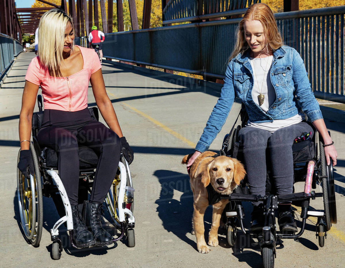 Two young paraplegic women in their wheelchairs in a park on a ...