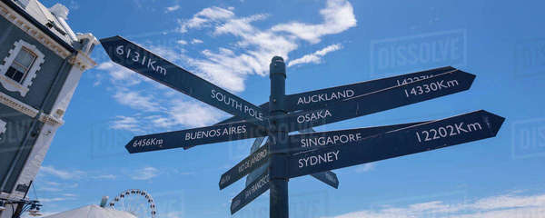 Sign Post, directional sign with the distance to various locations on ...