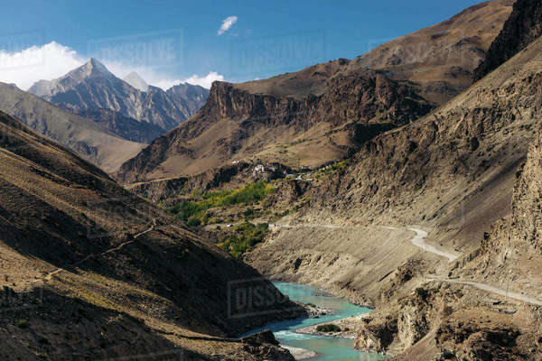Beautiful landscape with Himalayan mountains and aquamarine river ...