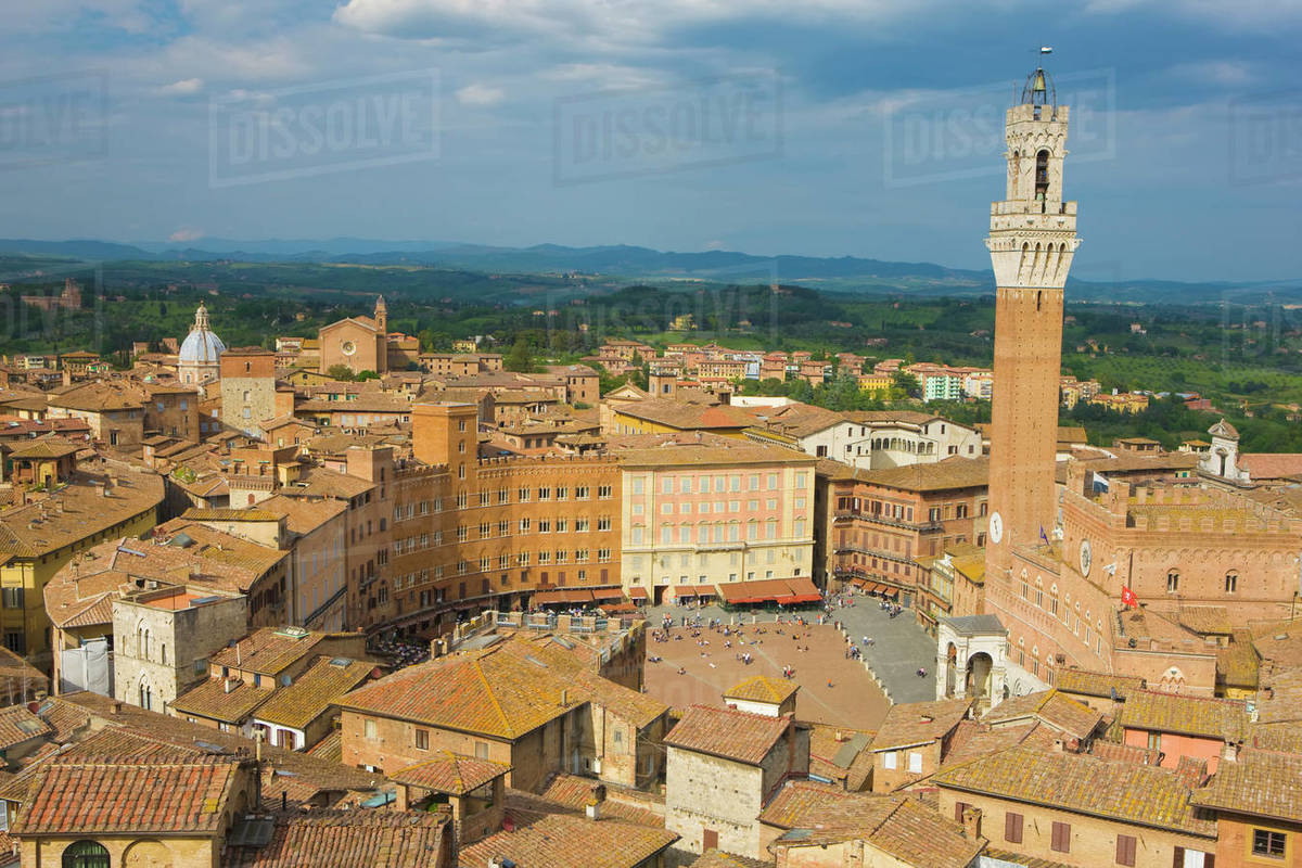 Overview of Piazza Del Campo and the historic center of Siena; Siena ...