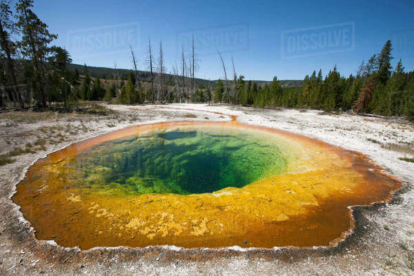 White and colorful mineral deposits from geothermal features in a ...