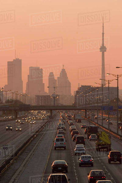 View Of Toronto Skyline From Above Queen Elizabeth Way Highway During ...