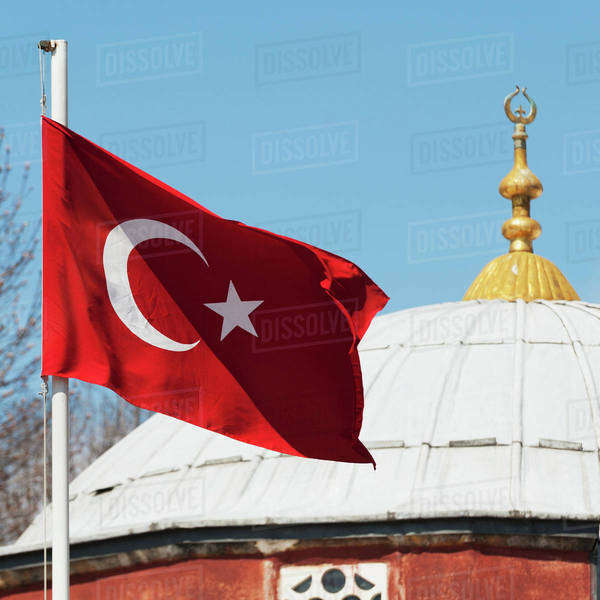 Flag of turkey flying at the hagia sophia museum;Istanbul turkey ...