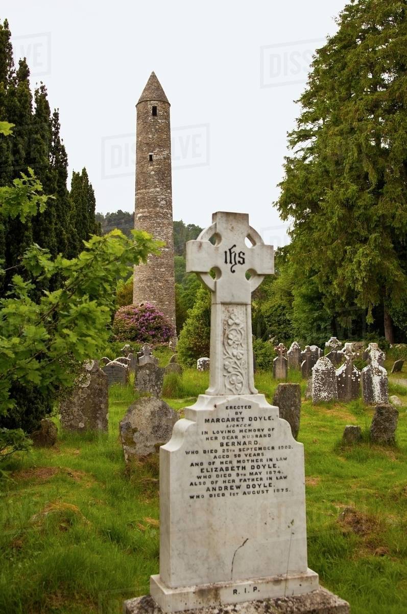 Tombstones In A Cemetery And A Round Tower On A 6Th Century Monastic ...