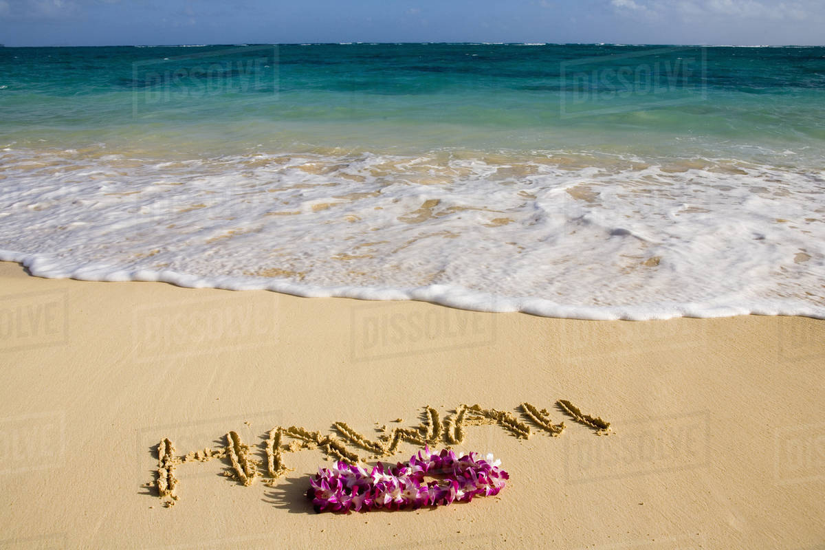 Turquoise Ocean, Foaming Shore Water, Orchid Lei, Hawaii Written In ...