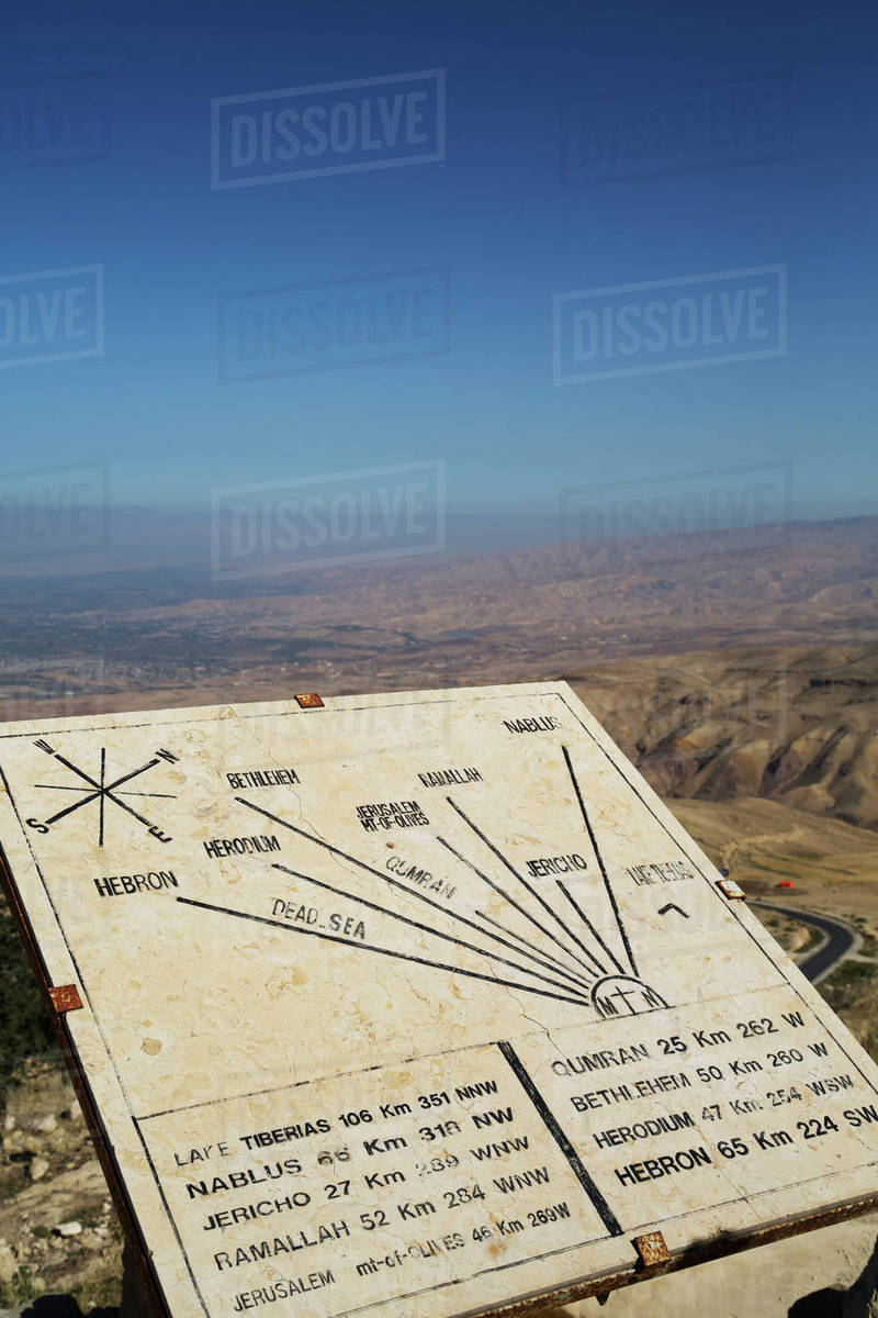 Sign indicating distances, Mt. Nebo; Jordan - Stock Photo - Dissolve