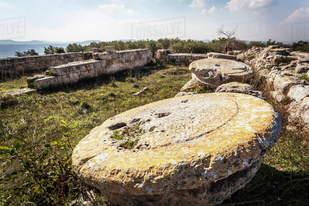 Stone Base Of A Pillar; Sebastia, Samaria, Israel - Stock Photo - Dissolve
