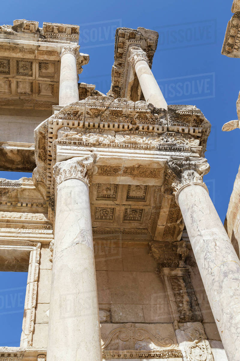 A Close Up Cropped Low Angle View Of The Library Of Celsus At The ...
