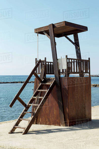 Wooden lifeguard structure at the water's edge; Paphos, Cyprus - Stock ...