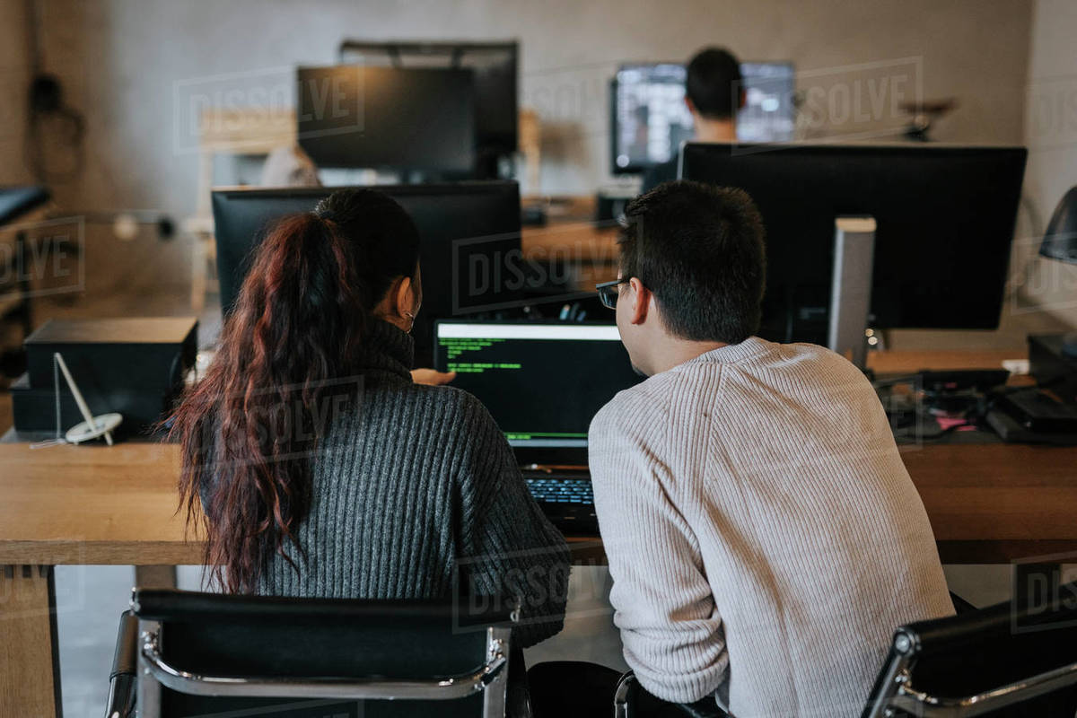 Rear view of young male and female colleagues coding together on laptop ...
