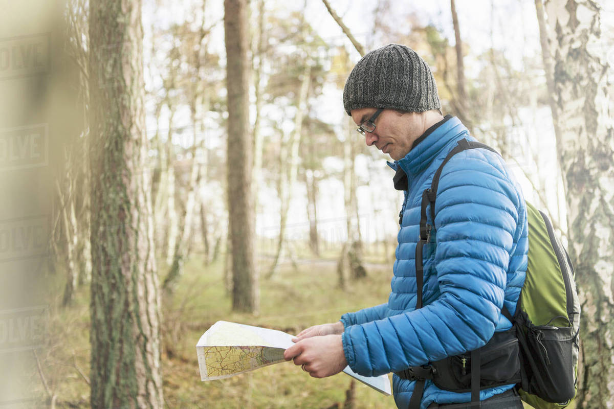 Side view of hiker reading map in forest - Royalty-free Stock Photo ...