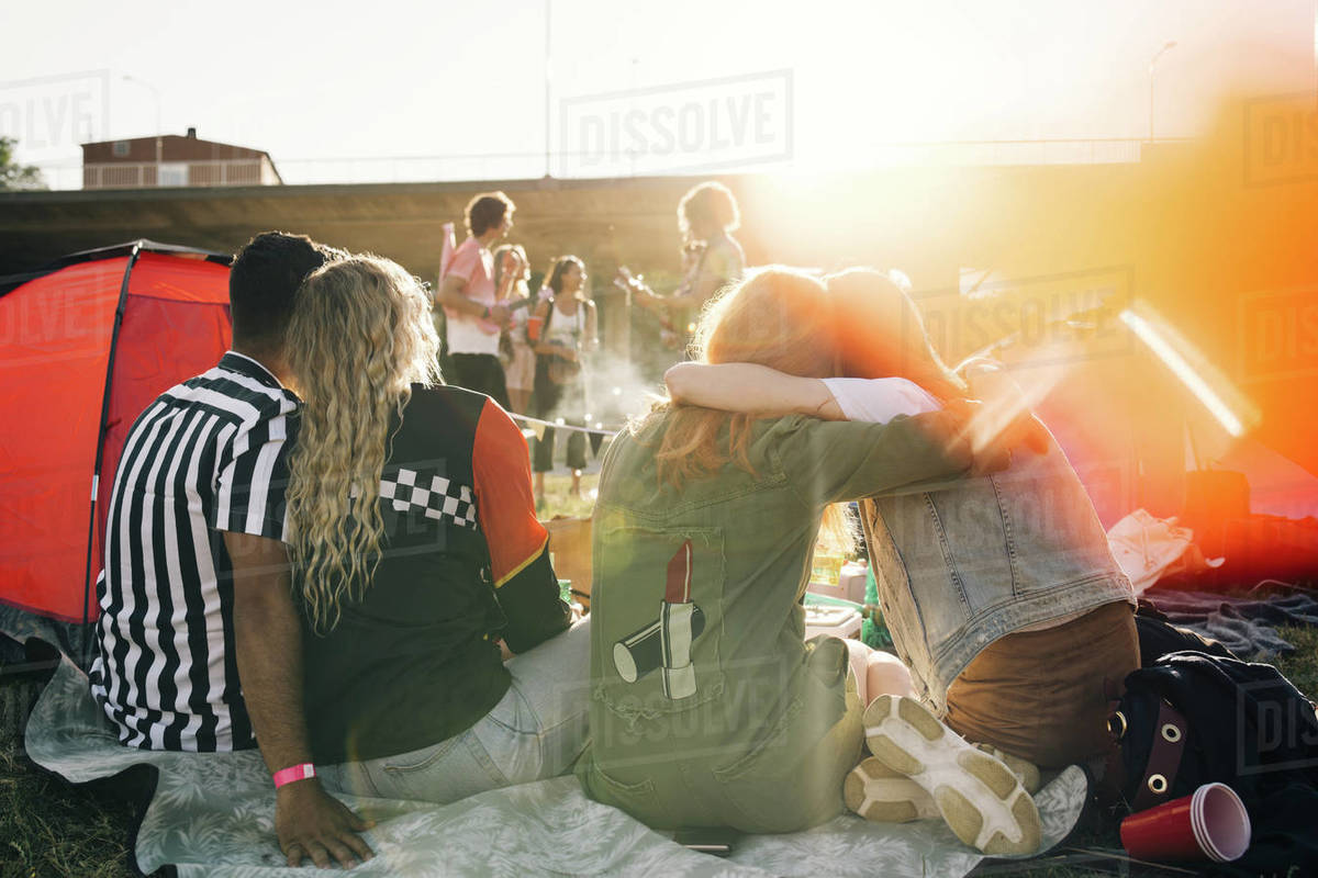 Rear view of friends sitting together while watching music concert ...