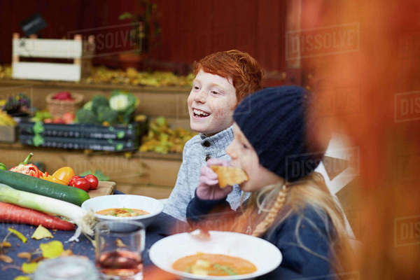 Happy male and female siblings sitting for meal at table - Stock Photo ...