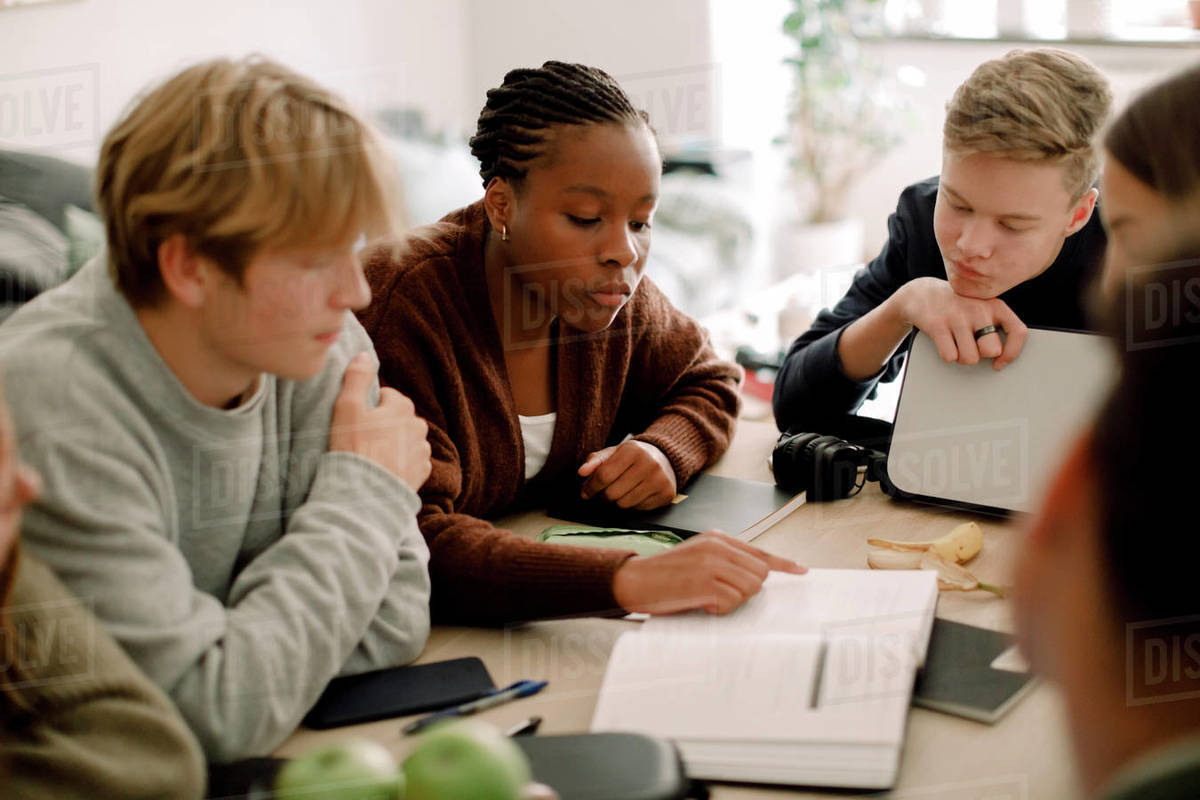 Teenage girls and boys studying together at table in living room ...