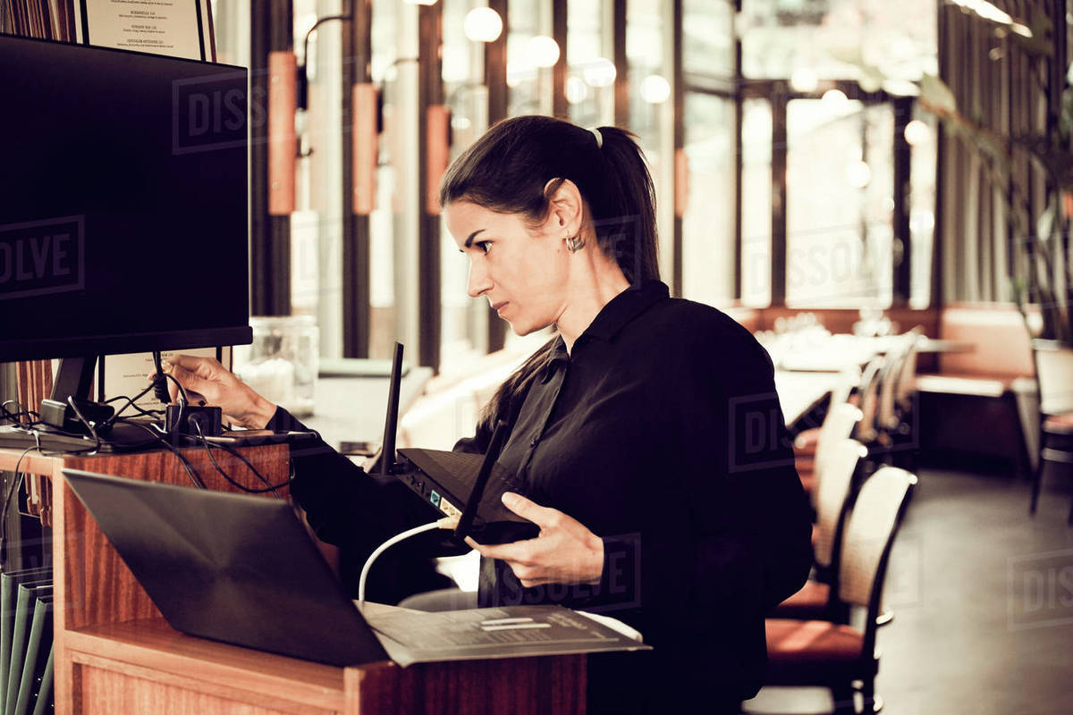 Female owner adjusting wire of computer monitor in cafe - Royalty-free ...