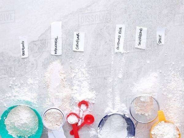 Six labeled flours - breadmix, wholemeal flour, cornflour, glutinous ...