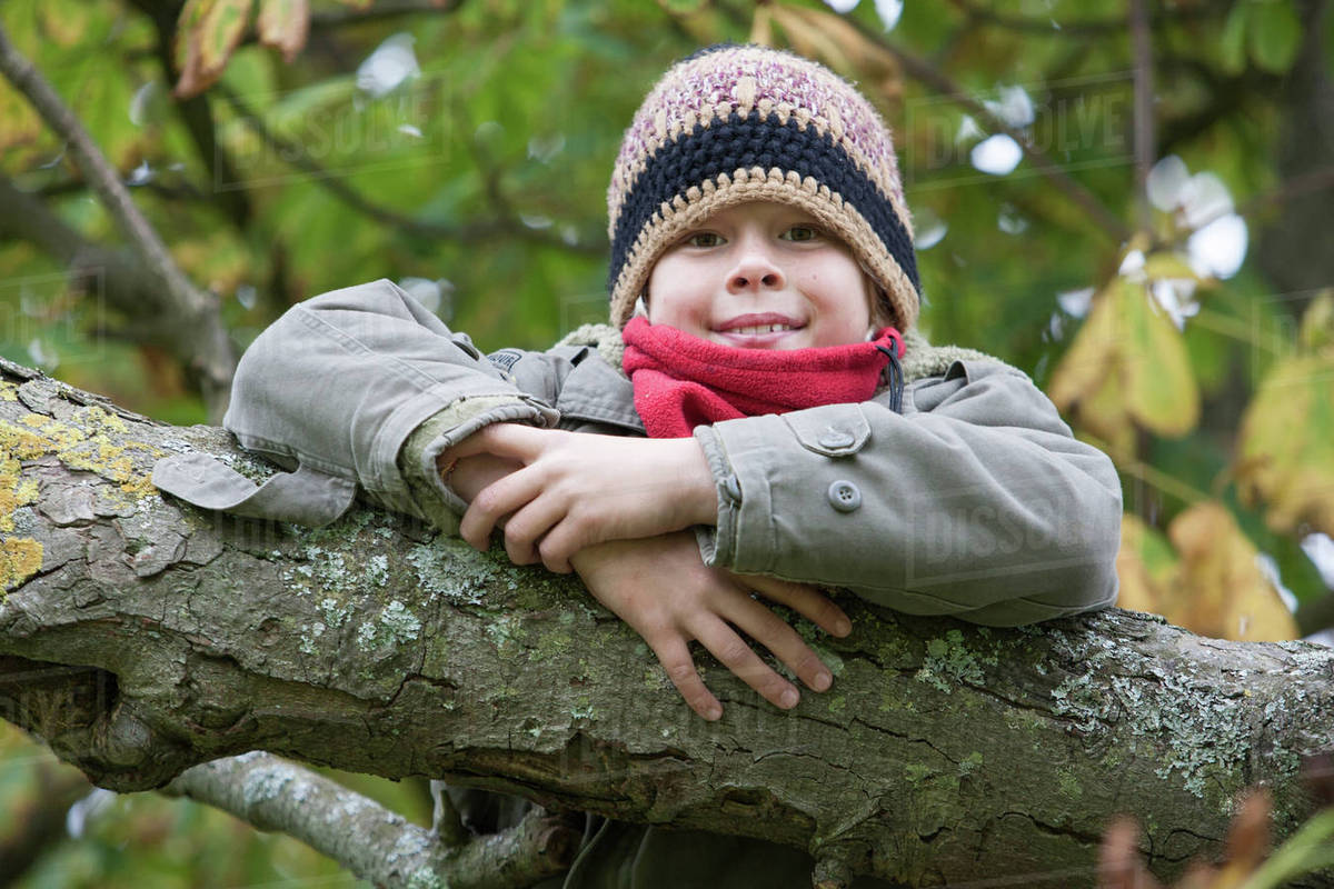 Portrait of young boy leaning on tree branch - Stock Photo - Dissolve