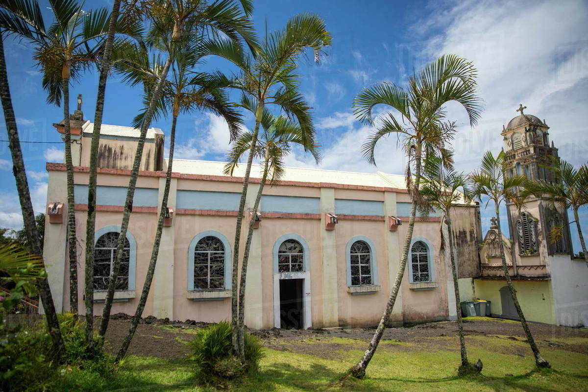 Pink church and palm trees, Reunion Island - Royalty-free Stock Photo ...