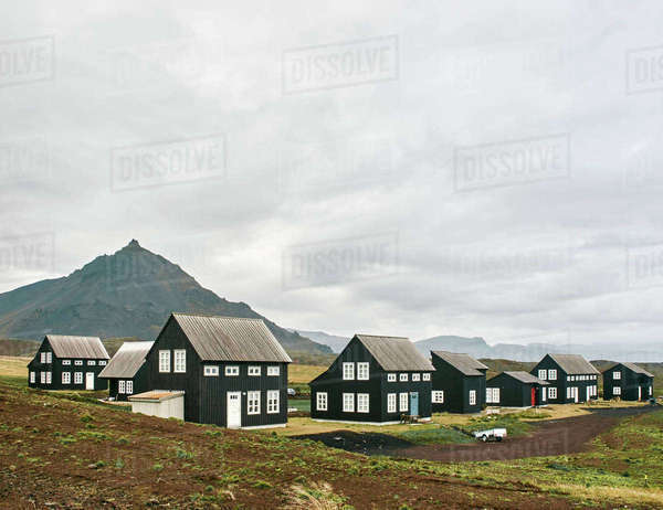 Landscape with traditionally styled Icelandic houses, Reykjavik ...