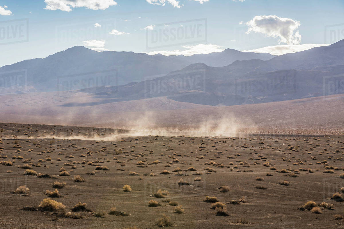 Landscape and dust storm at Ubehebe Crater in Death Valley National ...