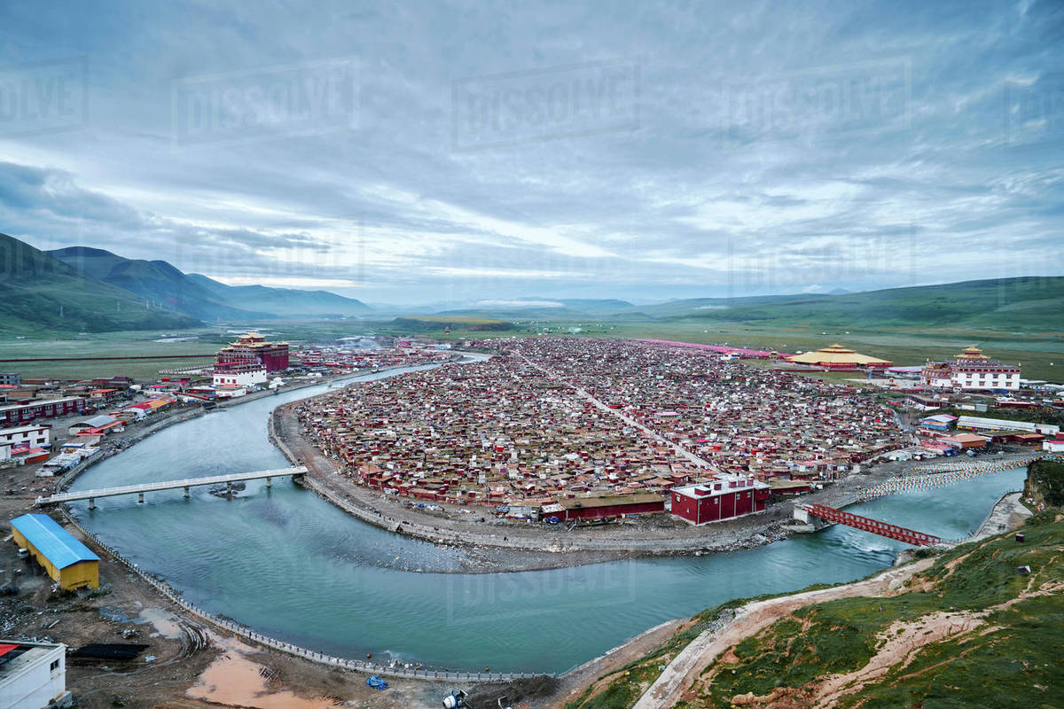 Elevated view of river and valley town, Baiyu, Sichuan, China - Stock ...