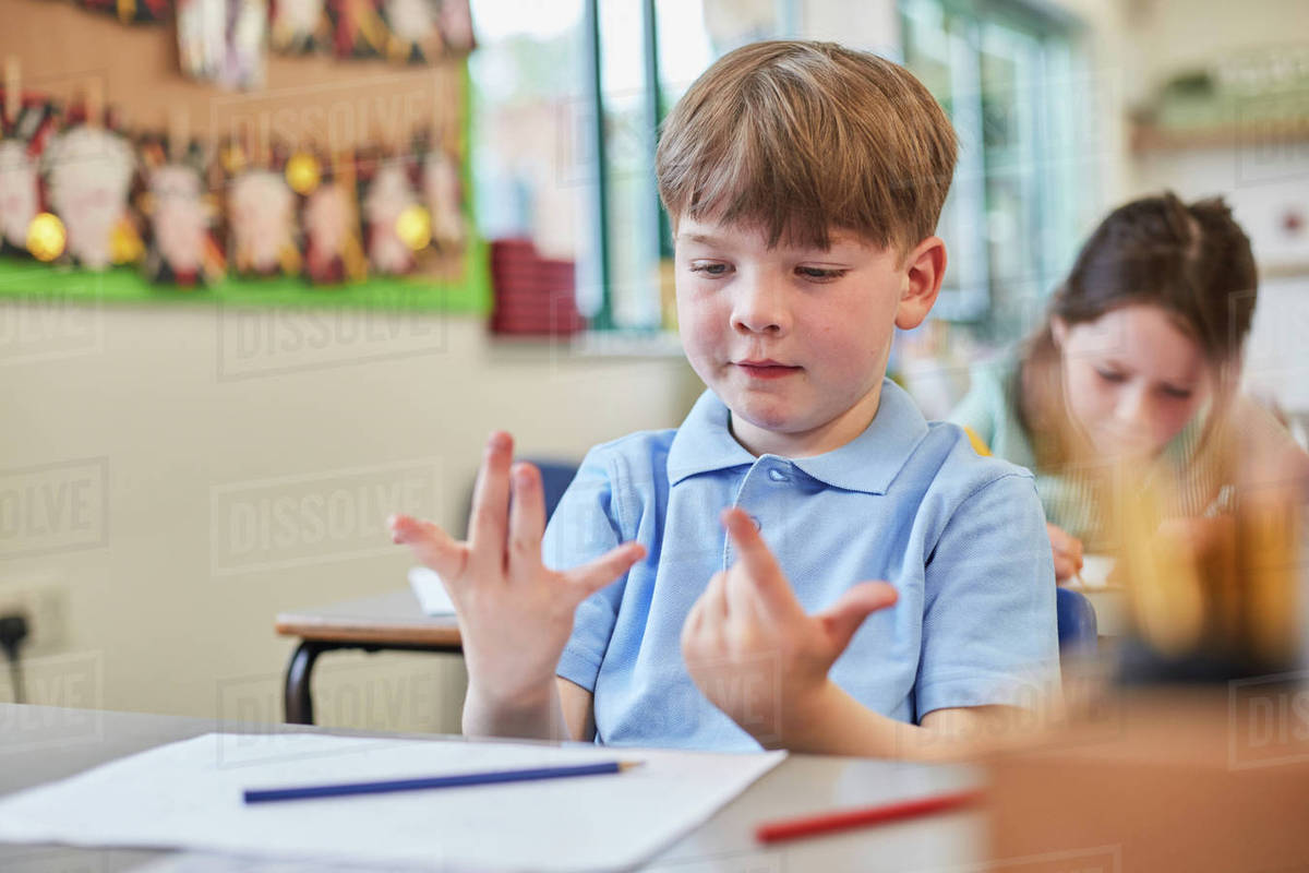 Schoolboy counting with fingers in classroom lesson at primary school ...