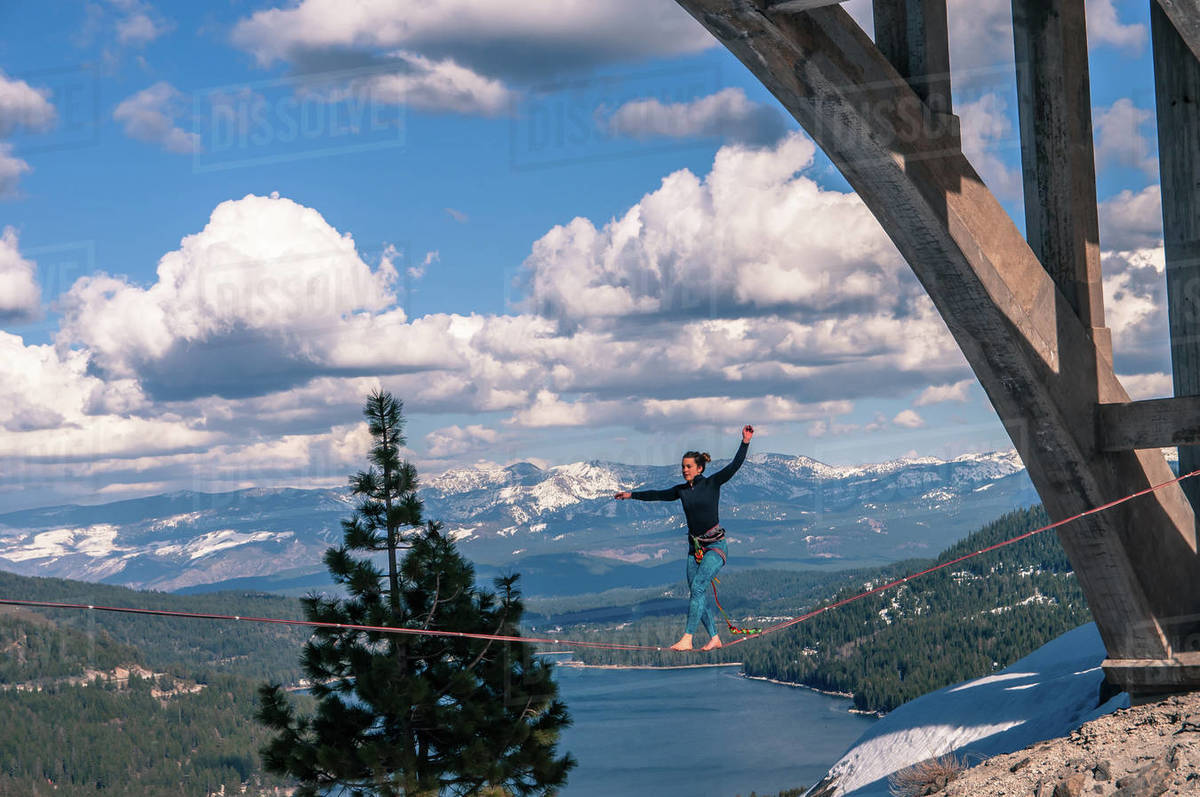 Woman highlining, Donner Pass, Truckee, California, USA - Stock Photo ...