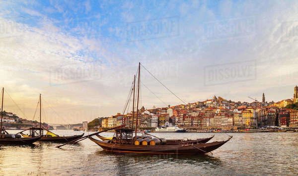 Traditional Portuguese wooden cargo boats transporting port wine on ...