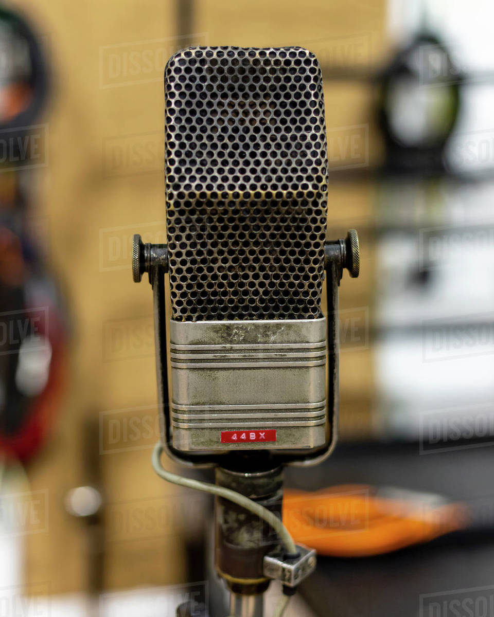 Vintage RCA microphone on a stand with a blurred background. - Stock ...