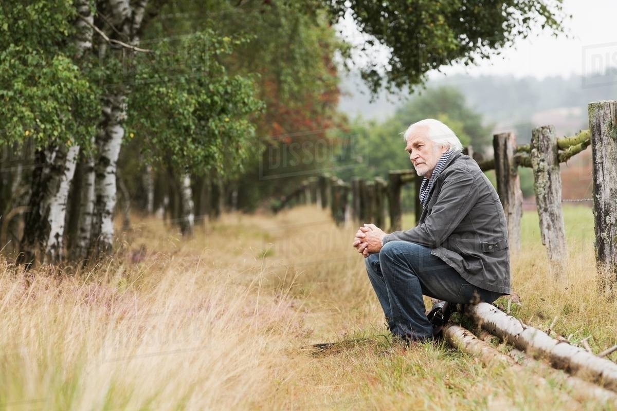 Senior man sitting on log - Royalty-free Stock Photo | Dissolve