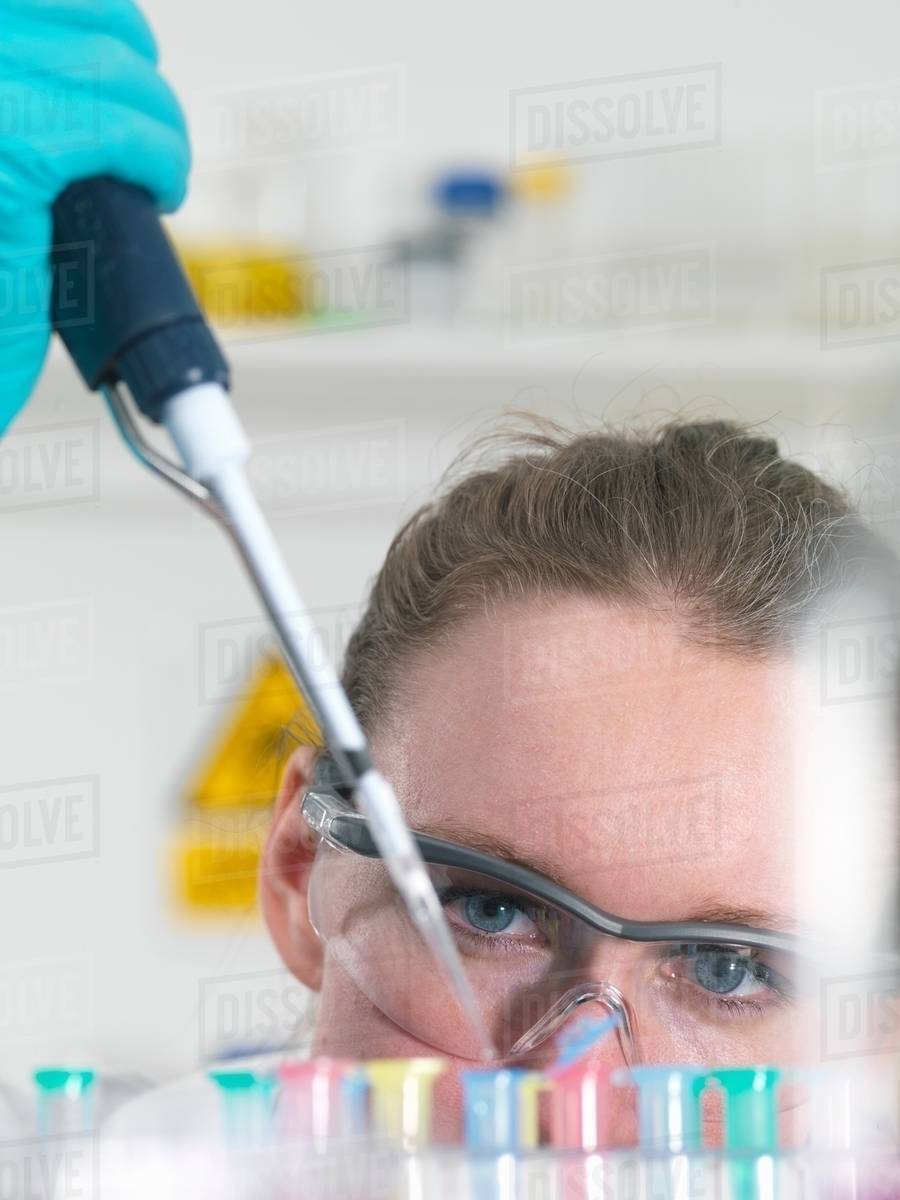 Scientist pipetting sample into an eppendorf vial in laboratory ...