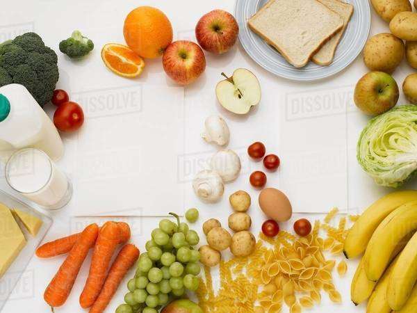 Overhead view of healthy foods - Stock Photo - Dissolve