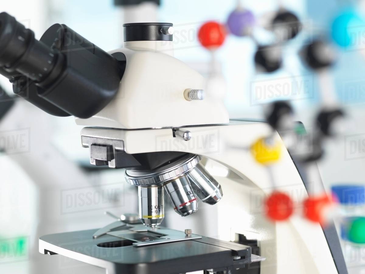 Microscope viewing sample with a ball and stick molecular model ...