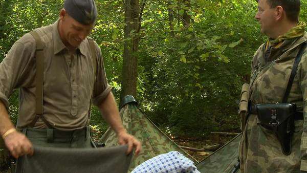Two German soldiers of World War II Luftwaffe Field Division dressed in ...