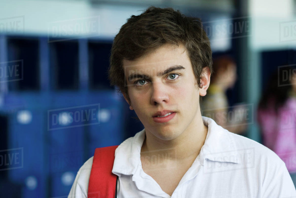 Male high school student standing in hall lined with lockers, portrait ...