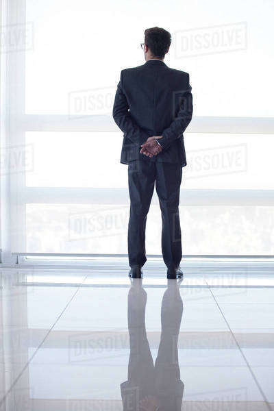 Businessman looking out high rise window at view of city below, rear ...