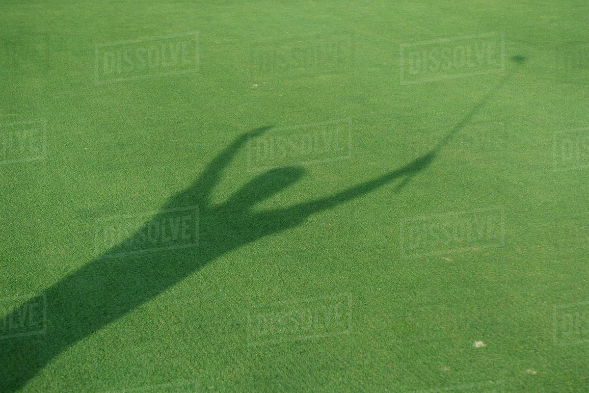 Shadow of golfer raising arms - Stock Photo - Dissolve