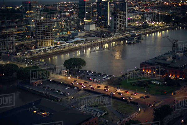 Aerial view city and river waterfront - Stock Photo - Dissolve