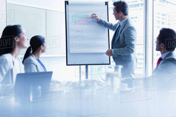 Businessman drawing pie chart on flip chart in conference room meeting ...