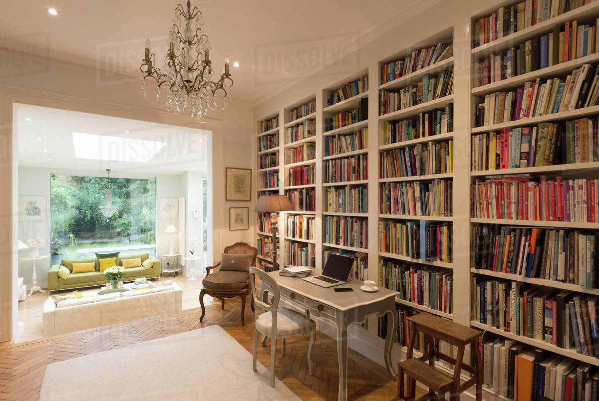 Books on bookshelves in luxury home showcase interior library - Royalty ...