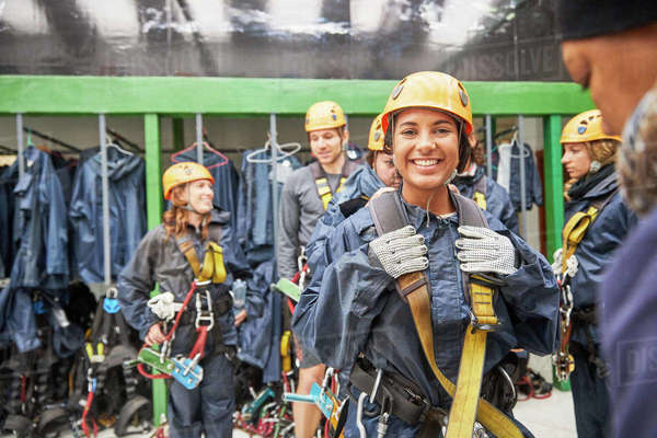 Portrait smiling, eager woman preparing to zip line - Royalty-free ...