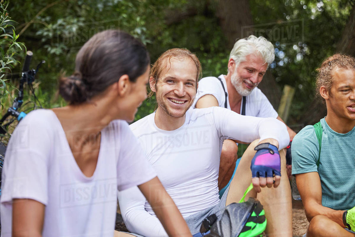 Happy friends mountain biking, resting - Royalty-free Stock Photo ...