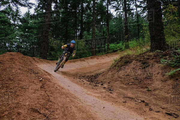 Man mountain biking on dirt trail in woods - Royalty-free Stock Photo ...