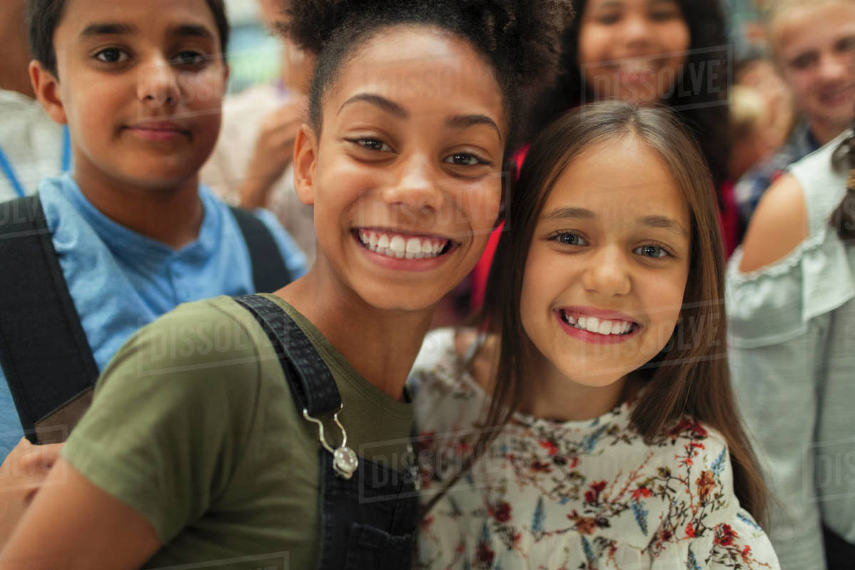 Portrait happy, confident junior high girl students - Stock Photo ...