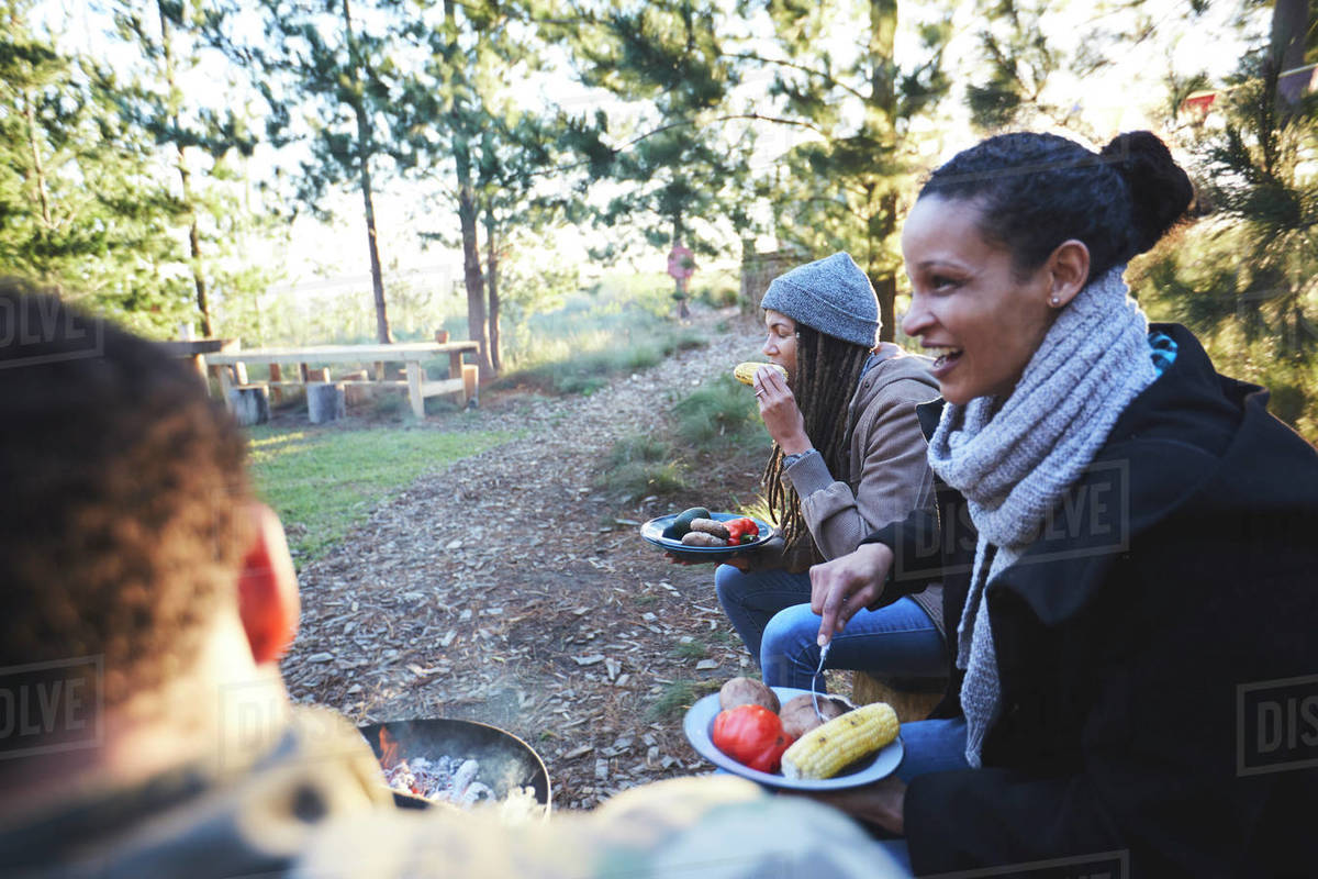 Happy friends eating at campsite in woods - Stock Photo - Dissolve