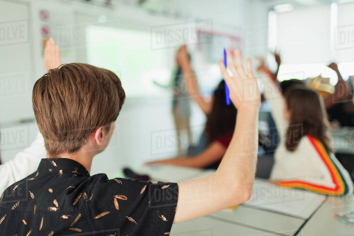 High school boy student with hand raised during lesson in classroom ...