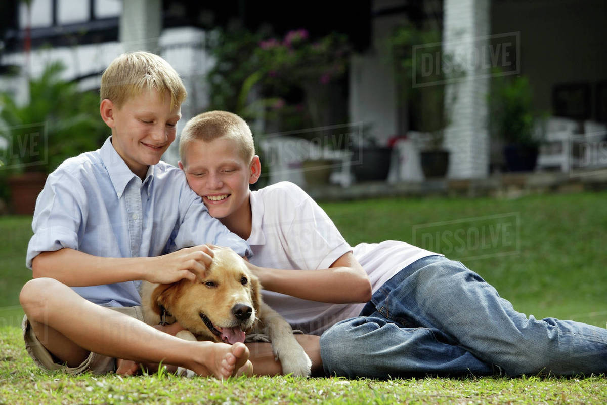 Two boys with dog - Stock Photo - Dissolve