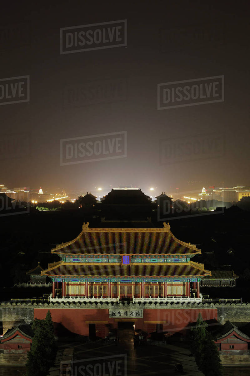 Aerial view of Forbidden City at night, Beijing, China - Stock Photo ...
