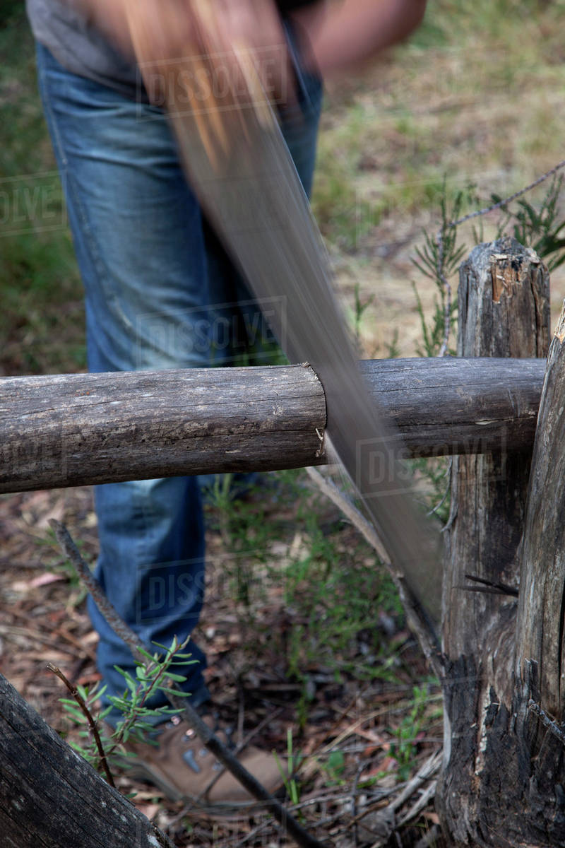 Man cutting log with saw - Royalty-free Stock Photo | Dissolve